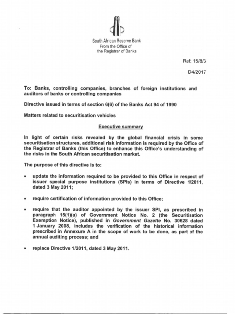 Banks Act Directive 4 of 2017 - Matters Related To Securitisation ...