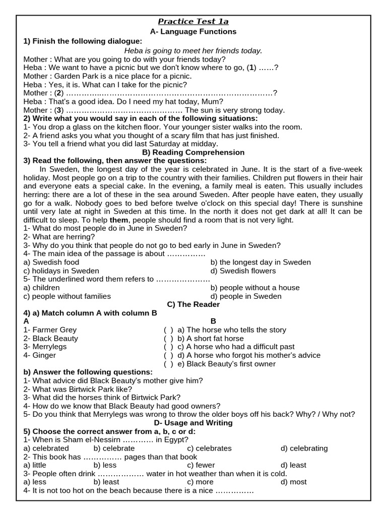 Language Functions and Reading Comprehension Test | PDF | Black Beauty