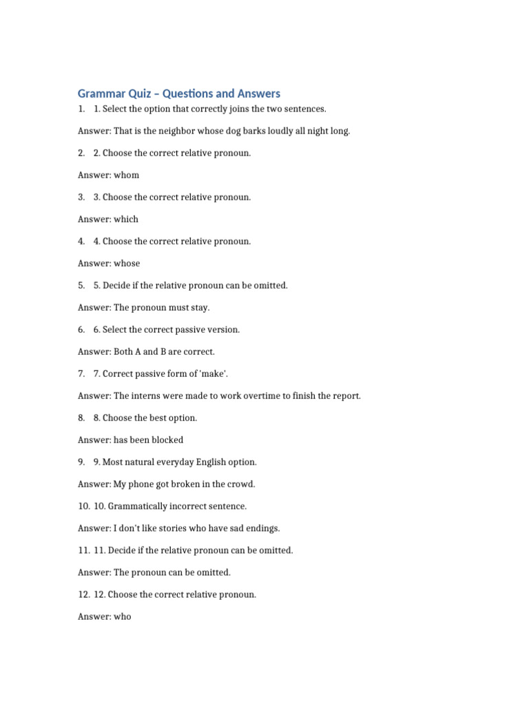 Grammar Quiz Questions and Answers | PDF