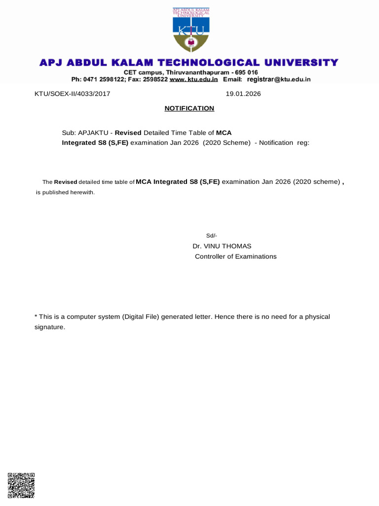 MCA Integrated S8 Exam Timetable Jan 2026 | PDF
