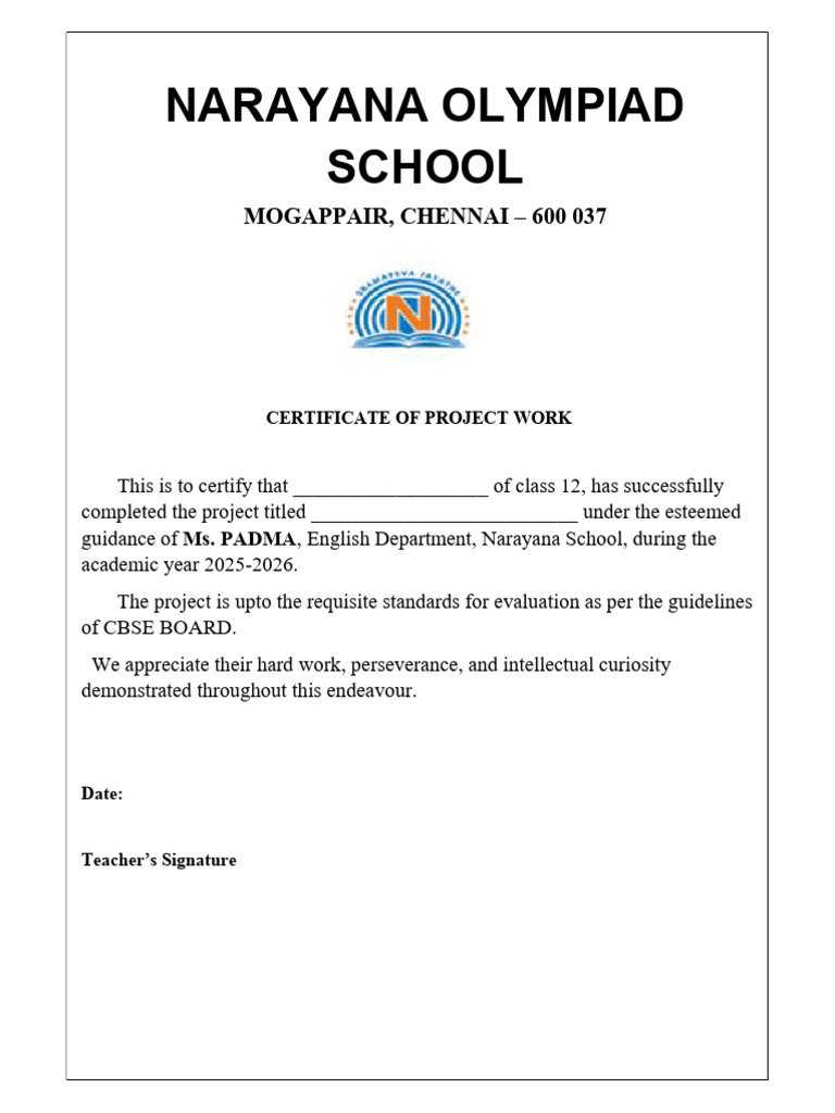 Narayana Olympiad School Project Certificate | PDF
