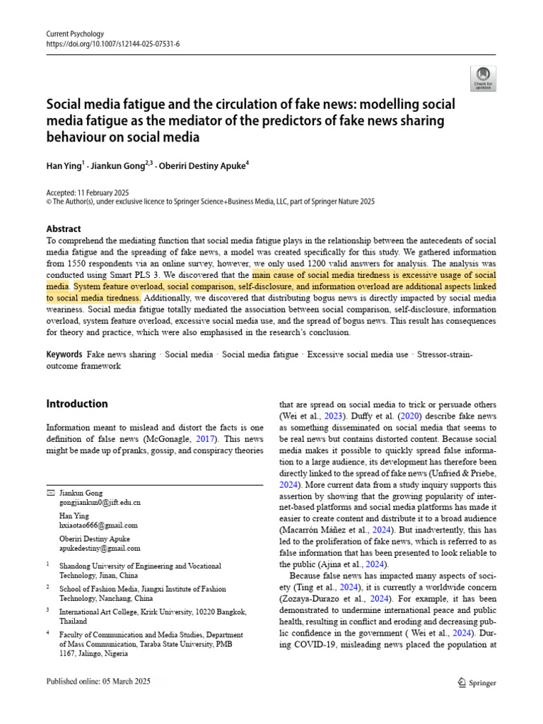 Social Media Fatigue and the Circulation of Fake News | PDF | Survey ...