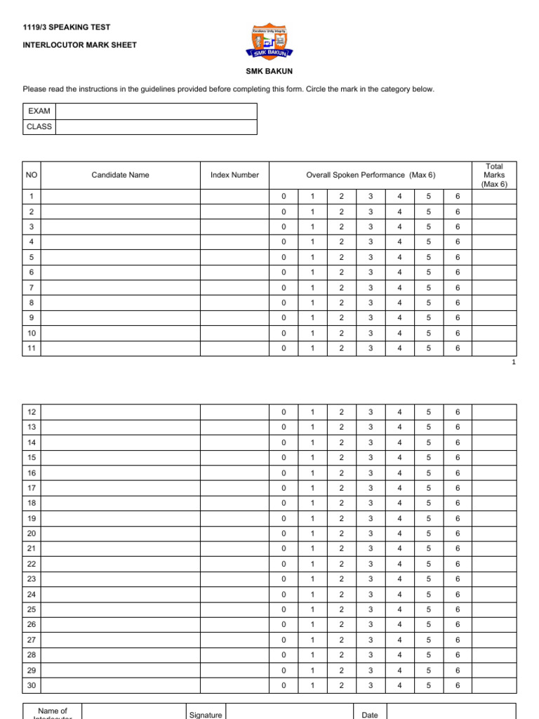 Speaking Mark Sheet Interlocutor | PDF
