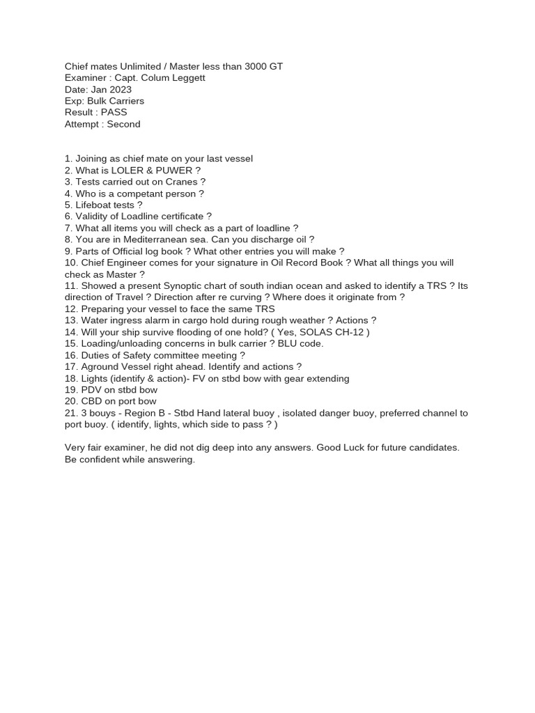 Chief Mates Unlimited - Jan 2023 - Colum Leggett - Pass (2) | PDF