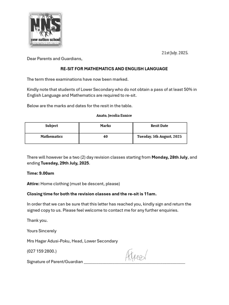Lower Secondary Resit Notice: Math & English | PDF