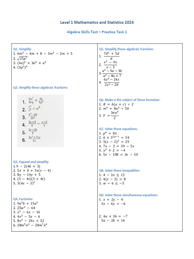 Algebra Skills Test Practice Task | PDF | Chess Theory | Mathematics