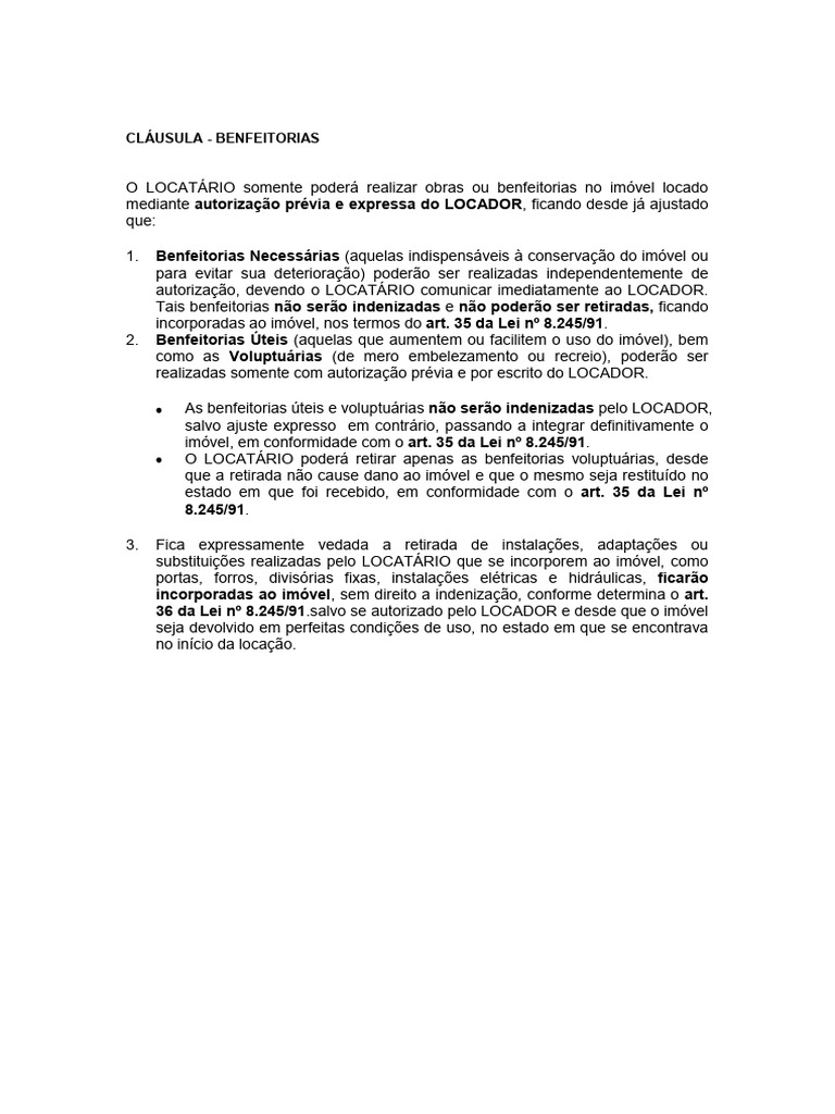 Benfeitorias em Imóvel Locado: Regras e Limitações | PDF