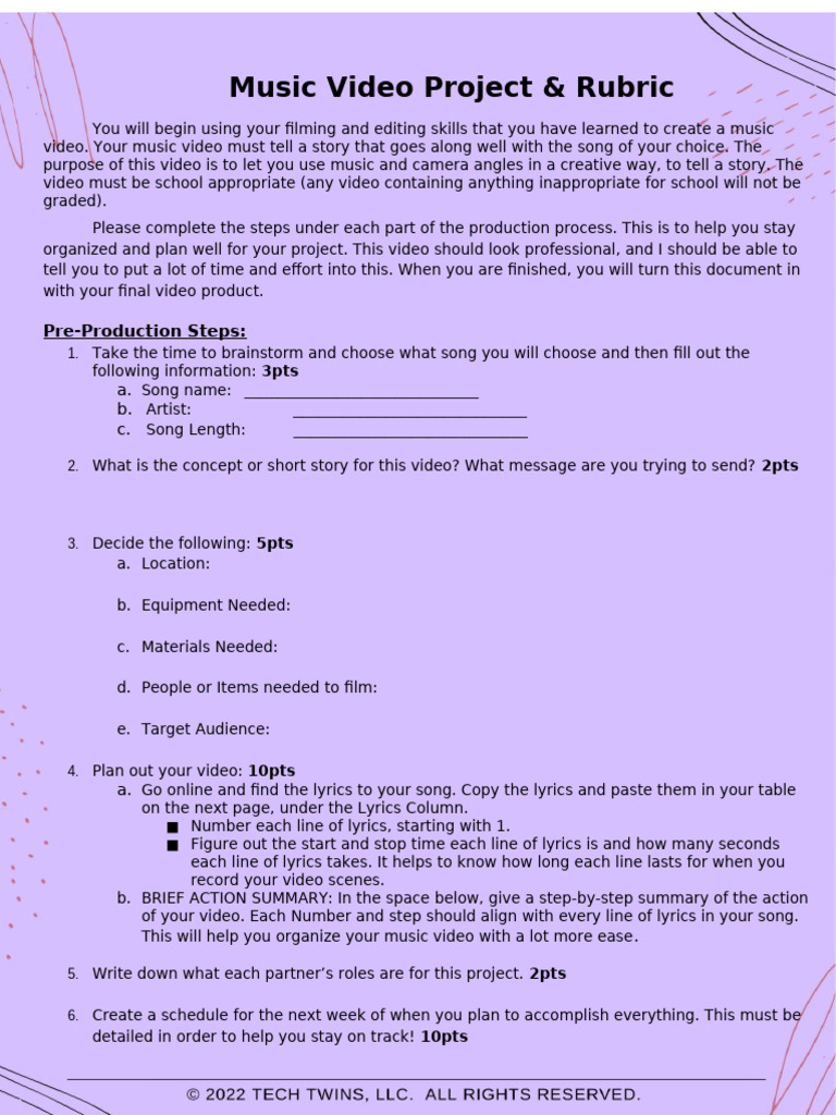 Music Video Project - Rubric | PDF