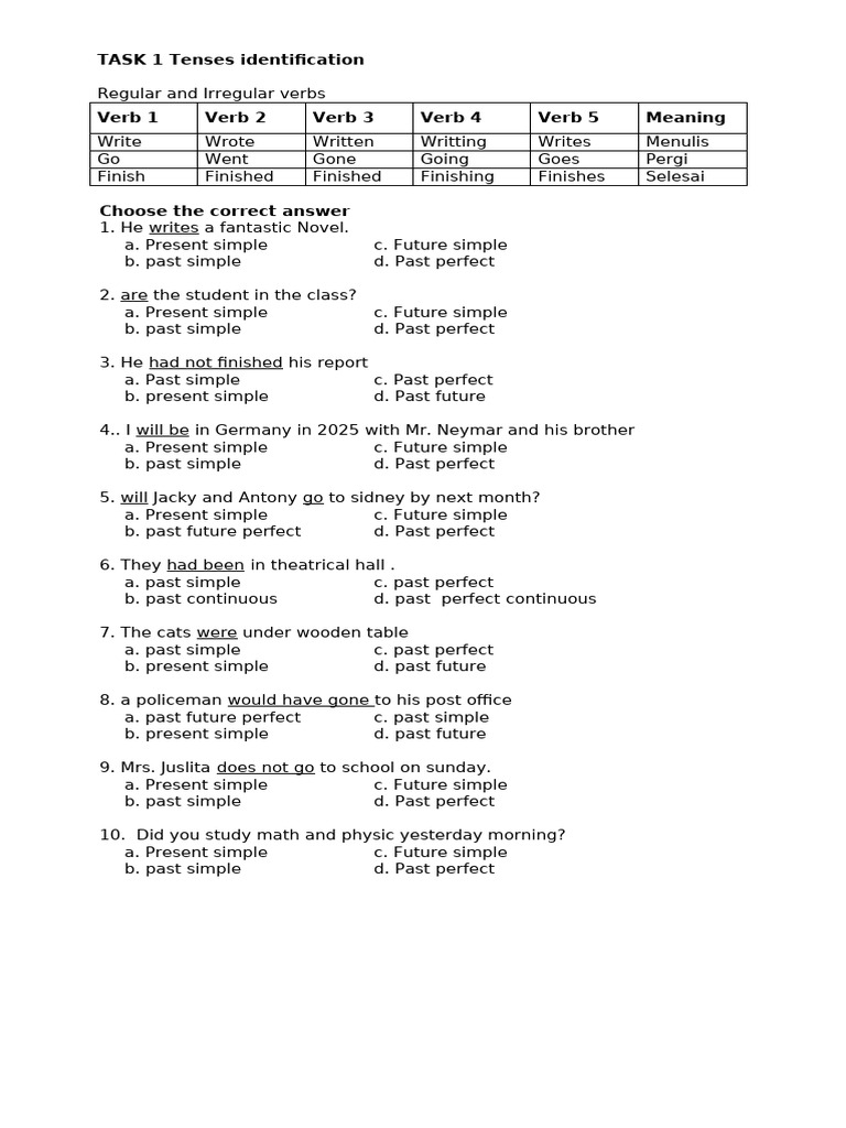 TASK 1 Tenses Identification Mia 3 | PDF