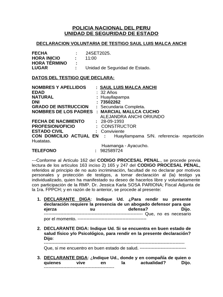 Declaración Testigo Saul Malca 2025 | PDF | Ley común | Justicia