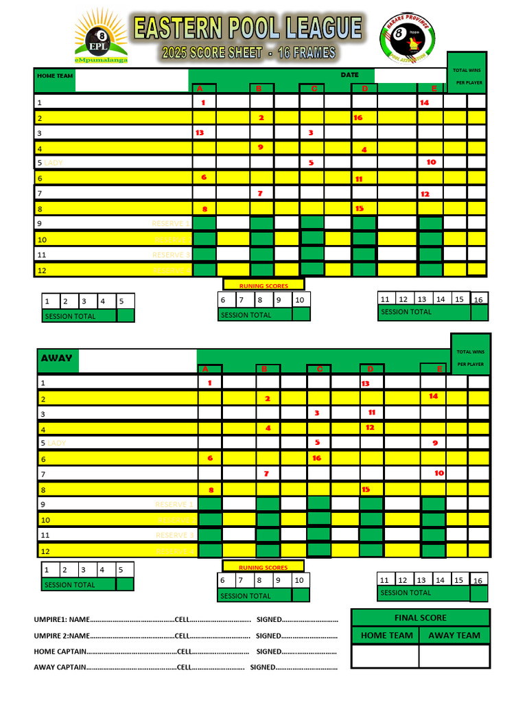 Epl Scoresheet 2025 | PDF