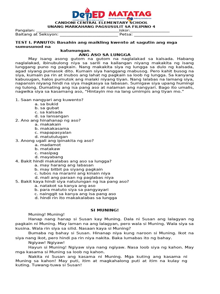 Unang Markahang Pagsusulit Sa Filipino 4 | PDF