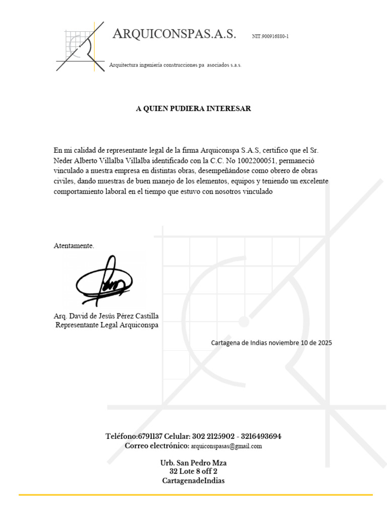 Certificación Laboral de Neder Villalba | PDF