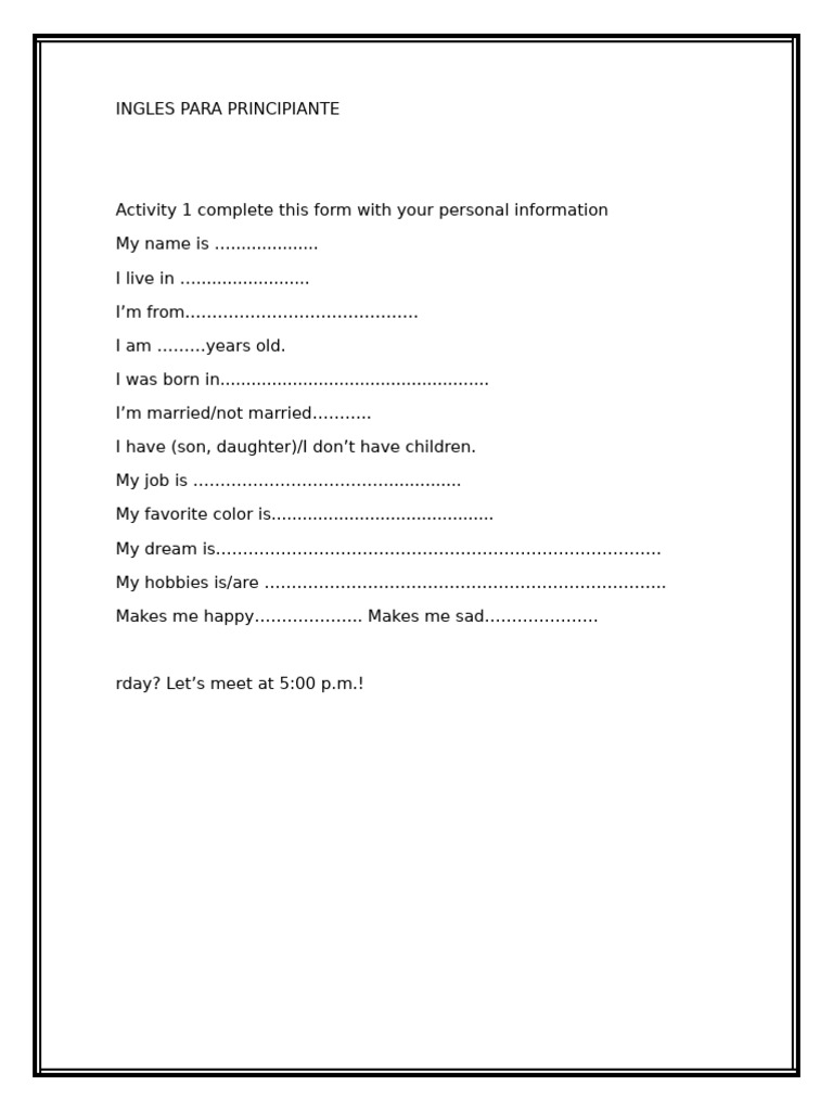 Beginner English Personal Information Form | PDF