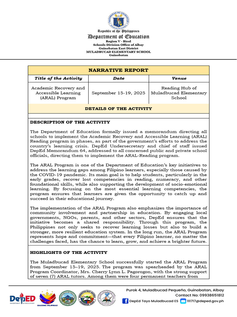 ARAL Program Report at Muladbucad ES | PDF | Teachers | Literacy