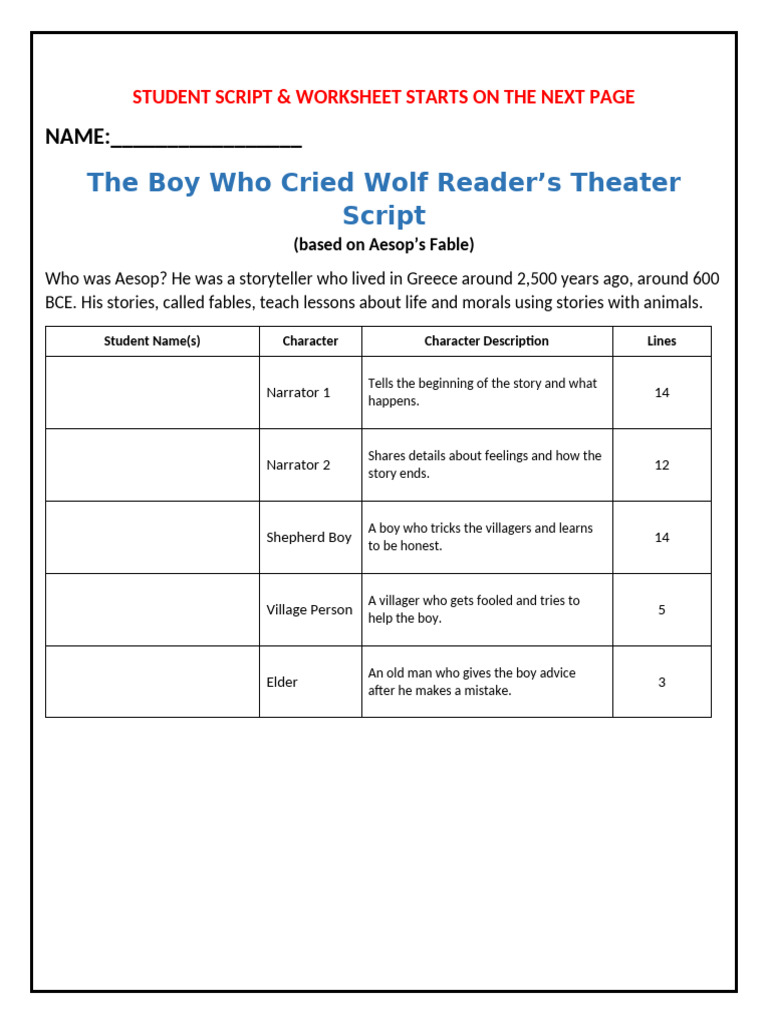 The Boy Who Cried Wolf Script | PDF | Narration | Fable