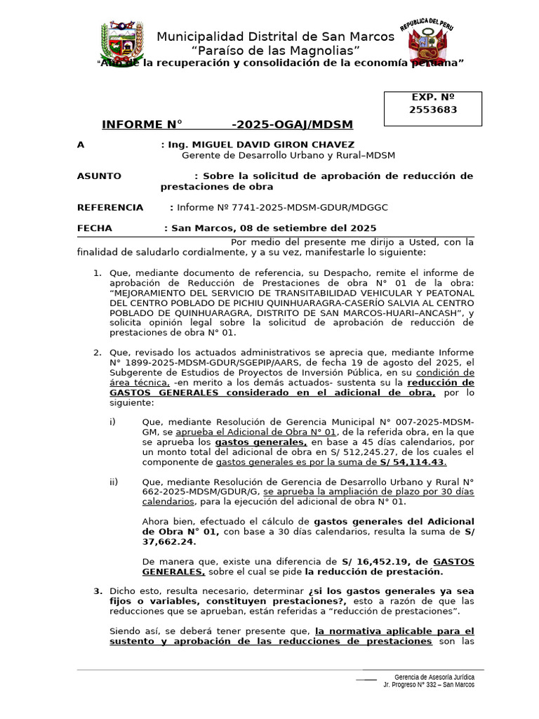 Reducción de Prestaciones de Obra en San Marcos | PDF | Presupuesto