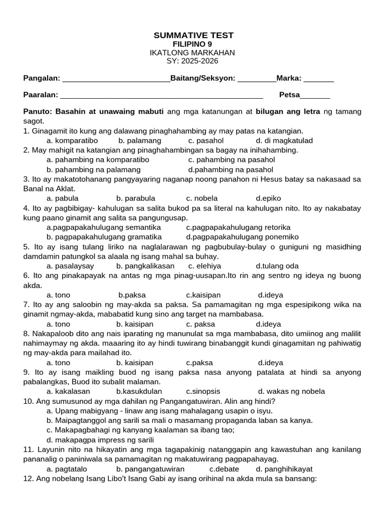 Diagnostic Test Filipino 9 3rd Quarter | PDF