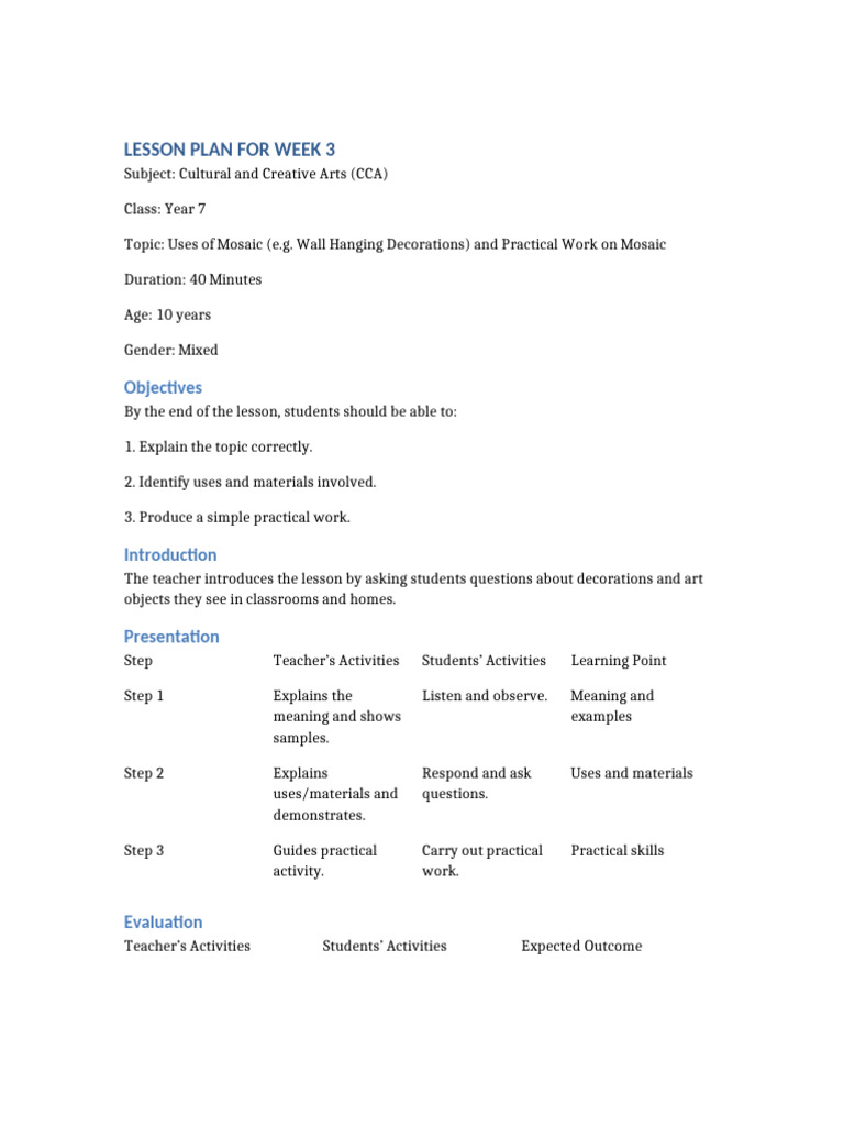 Mosaic Art Lesson Plan for Year 7 | PDF | Mosaic | Lesson Plan