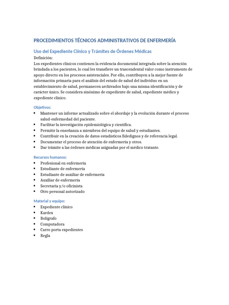 Procedimientos de Enfermería y Expedientes Clínicos | PDF
