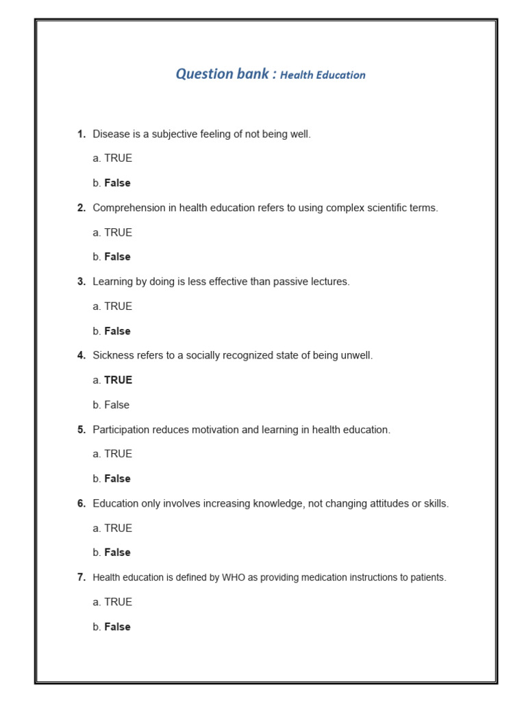 Health Education Question Bank | PDF | Behavior | Motivational