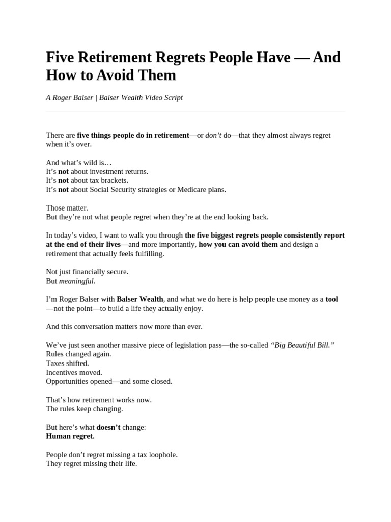 Five Retirement Regrets People Have | PDF | Happiness