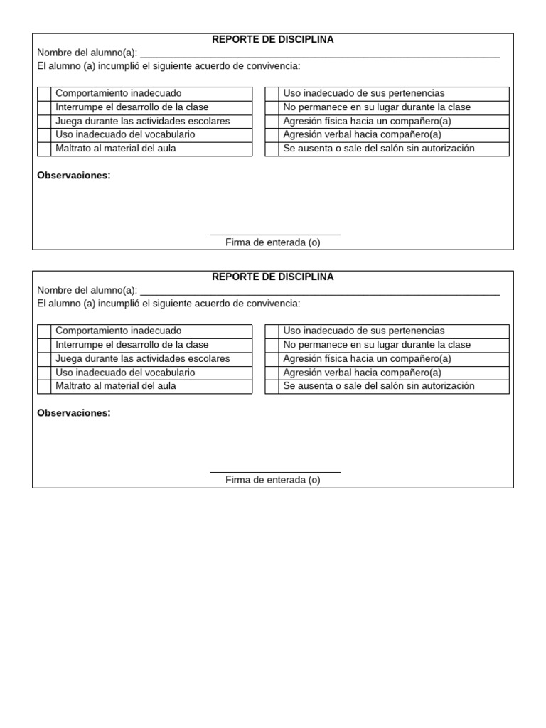 Reporte de Disciplina Escolar | PDF