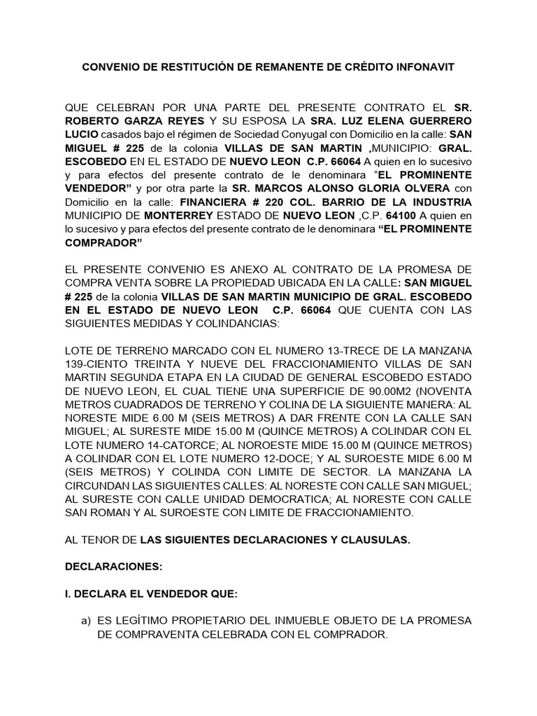 Convenio de Restitución de Remanente de Crédito Infonavit Villas San ...