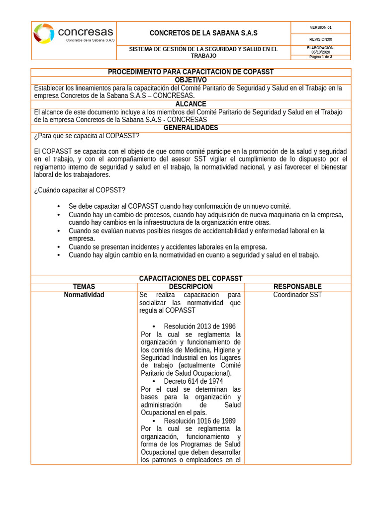 Capacitación COPASST en Concretos S.A.S | PDF | Seguridad y salud ...
