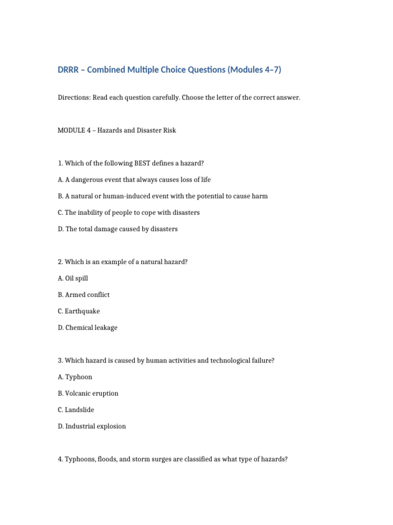 DRRR_Modules_4_to_7_Combined_40_MCQs | PDF | Natural Disasters | Volcano