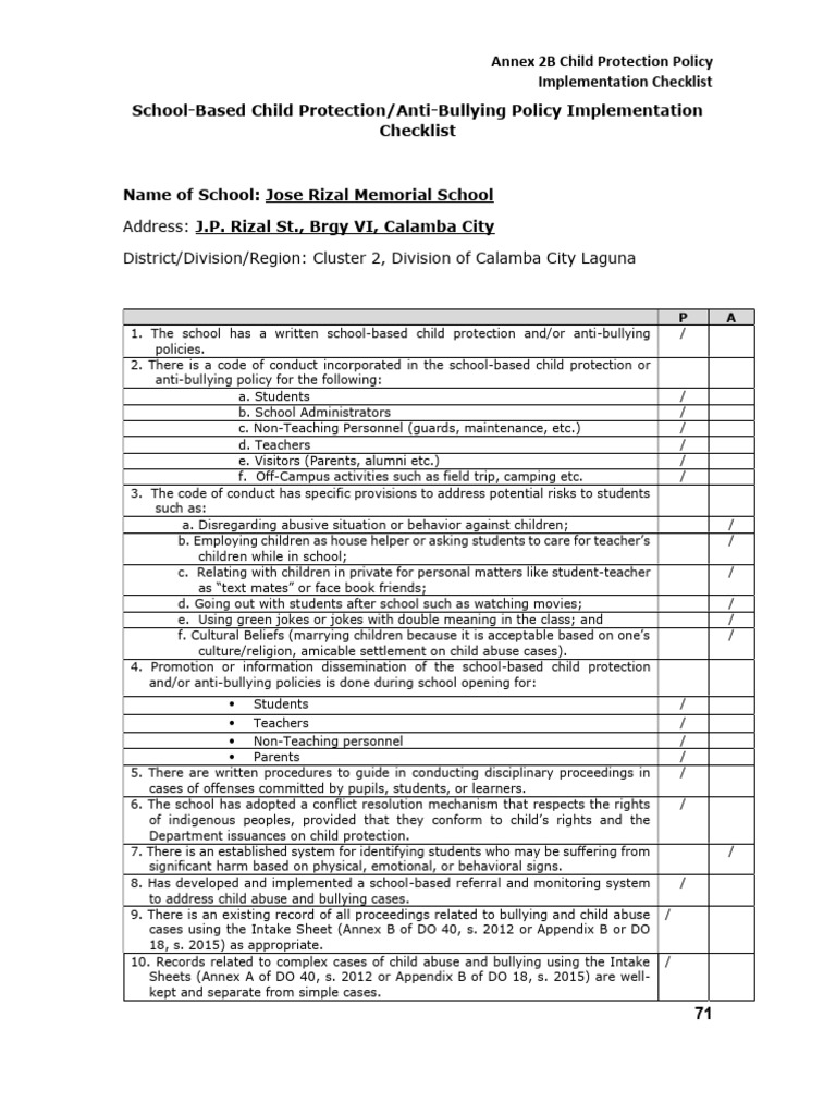 Child Protection Policy Checklist JRMS | PDF | Bullying | Child Protection