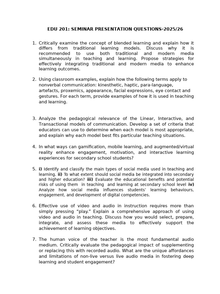 Seminar Questions on Blended Learning & Media | PDF