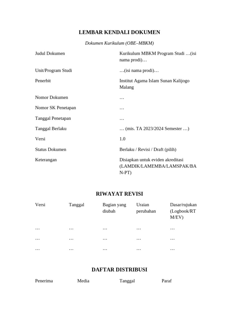 Template Lembar Kendali Dokumen Kurikulum | PDF