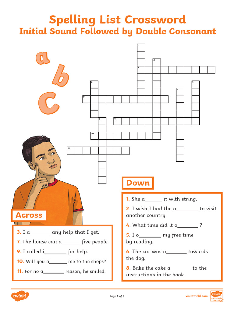 Spelling List Crossword Initial Sound Followed by Double Consonant | PDF