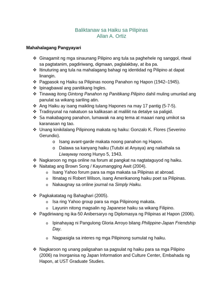 Baliktanaw Sa Haiku Sa Pilipinas Hand Out | PDF