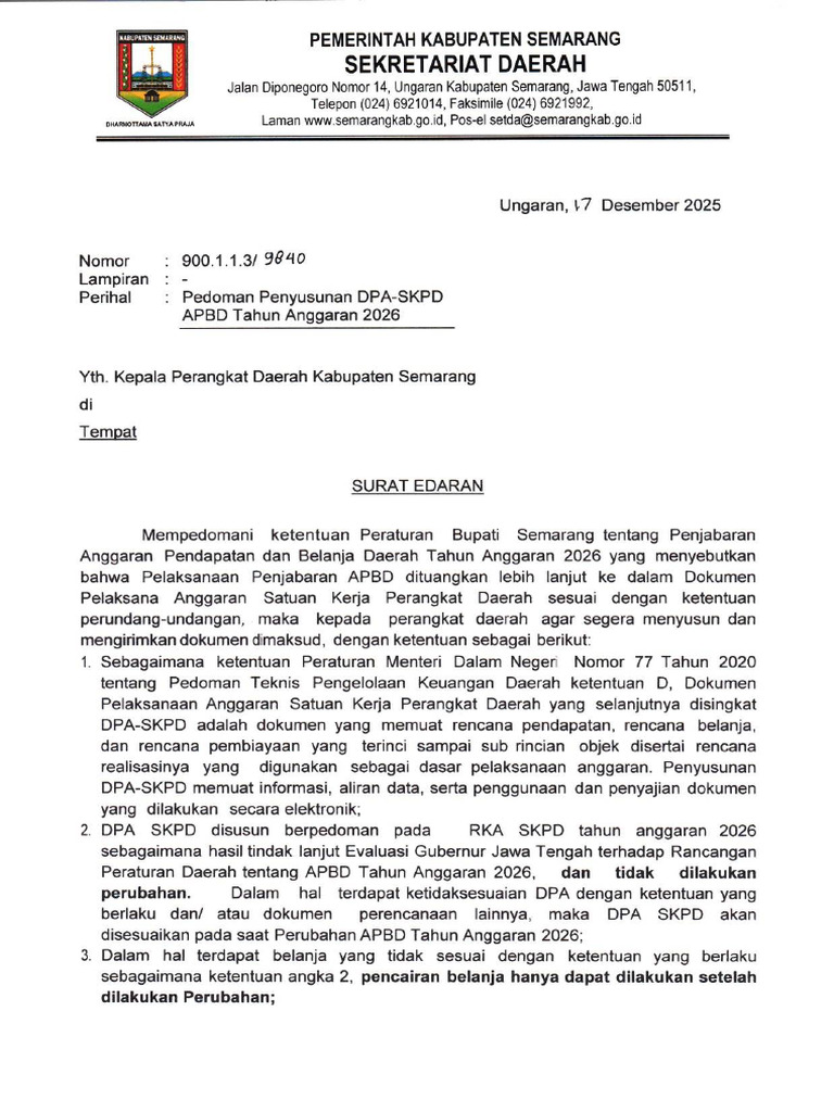Se Pedoman Penyusunan Dpa-Skpd Apbd Ta 2026 | PDF