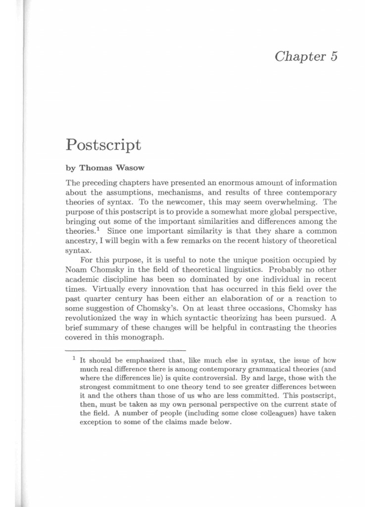 Wasow.1985.Postscript.insells.lecturesonContemporarySyntacticTheories | PDF