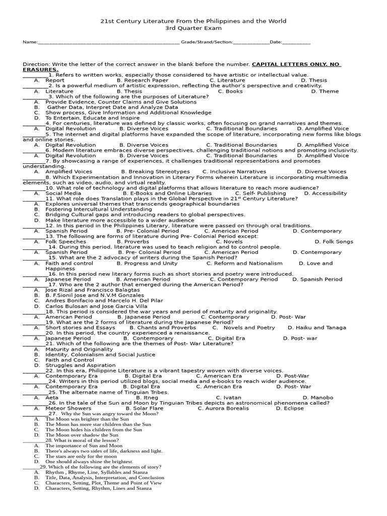 21st Century Literature Exam Guide | PDF