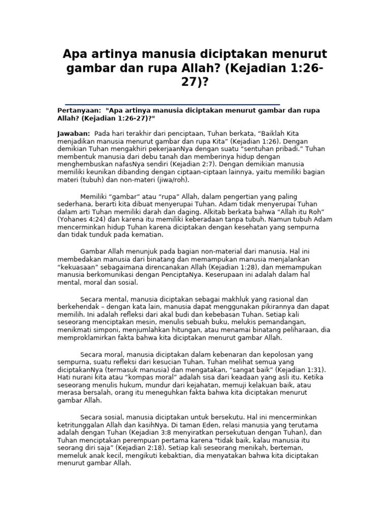 Apa Artinya Manusia Diciptakan Menurut Gambar Dan Rupa Allah | PDF