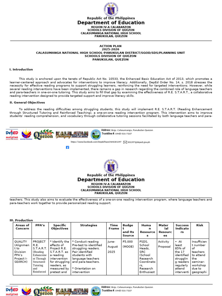 Action Plan-Project MARY | PDF | Reading Comprehension | Learning Methods