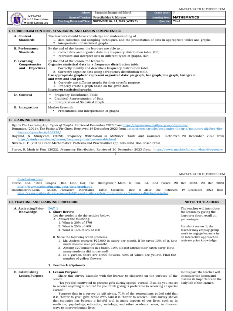Grade 7 Math: Frequency Distribution Guide | PDF | Pie Chart | Curriculum