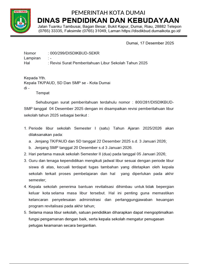 Revisi Libur Sekolah Kota Dumai 2025 | PDF