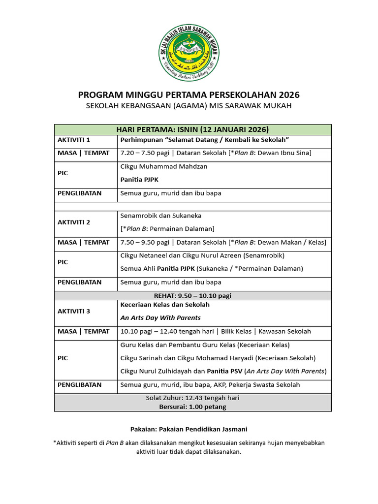 Program Minggu Pertama Persekolahan 2026 | PDF