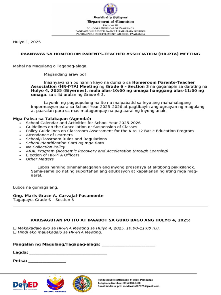 CommunicationSample_Paanyaya Sa Magulang | PDF