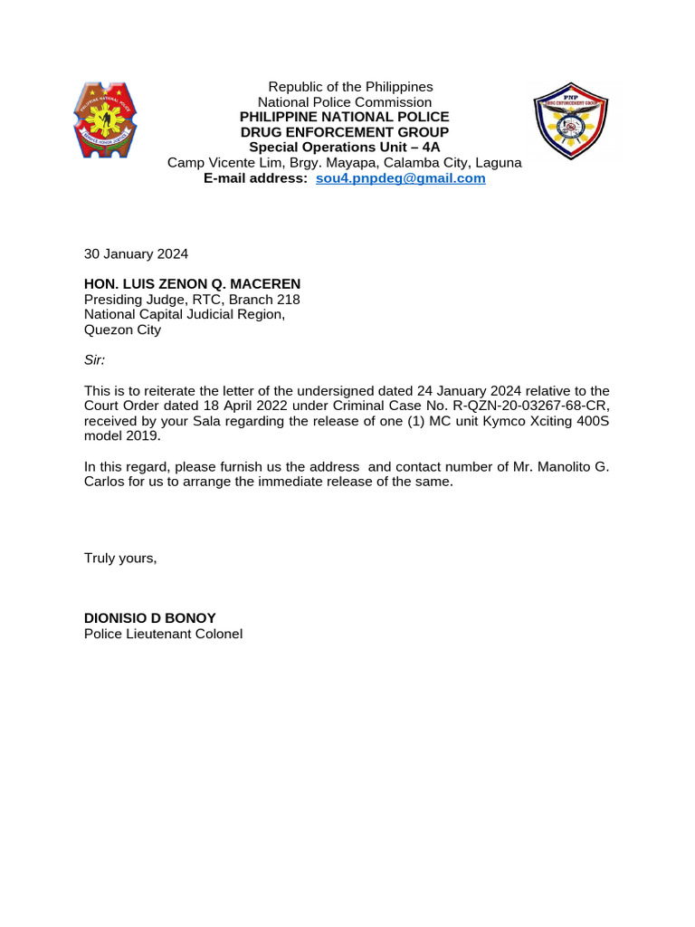 Request for Contact Info for Vehicle Release | PDF