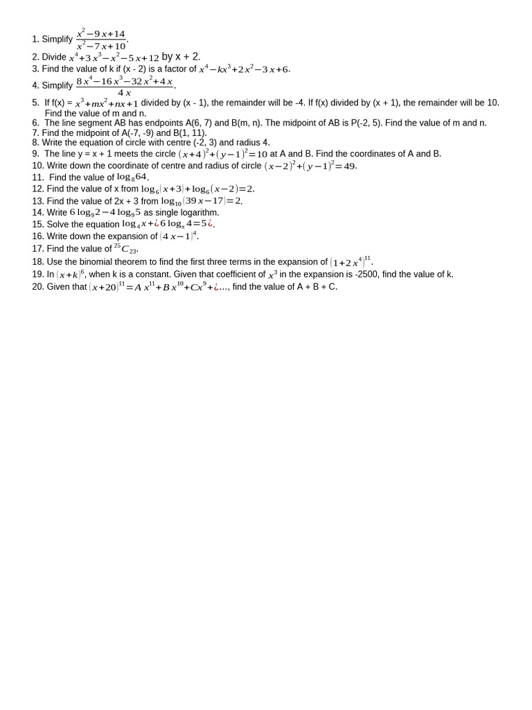 Review Question SH 11 Sem 1 Test Maths | PDF