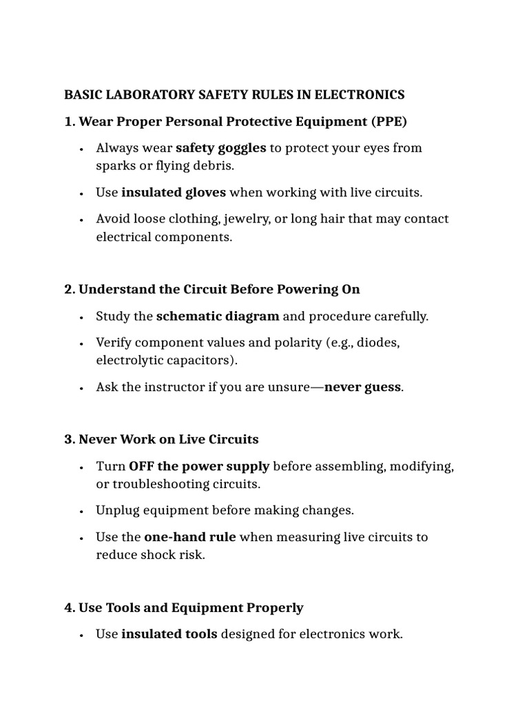 Essential Electronics Lab Safety Rules | PDF | Power Supply | Capacitor