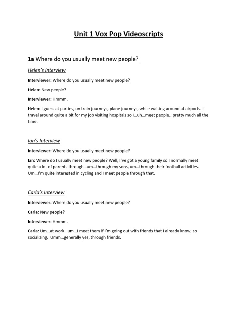 Unit 1 Vox Pop Videos Empower Workbook Video Script | PDF