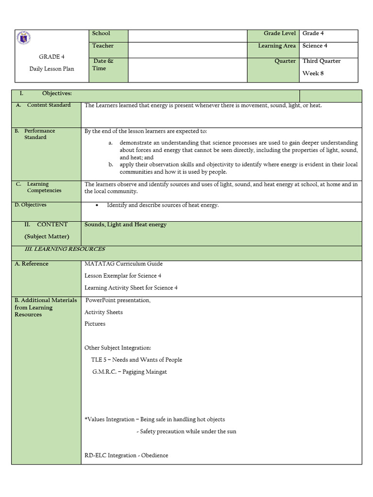 Grade 4 Science Lesson Plan on Energy | PDF | Learning | Teachers