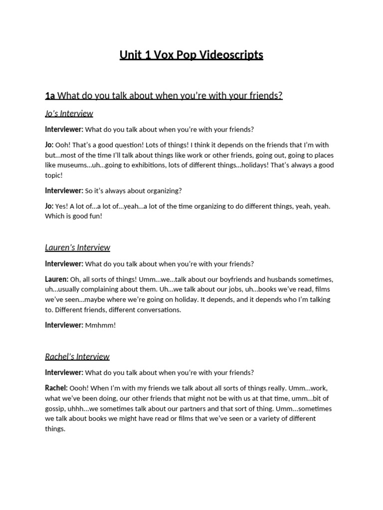 Unit 1 Vox Pop Videos Empower Workbook Video Script | PDF